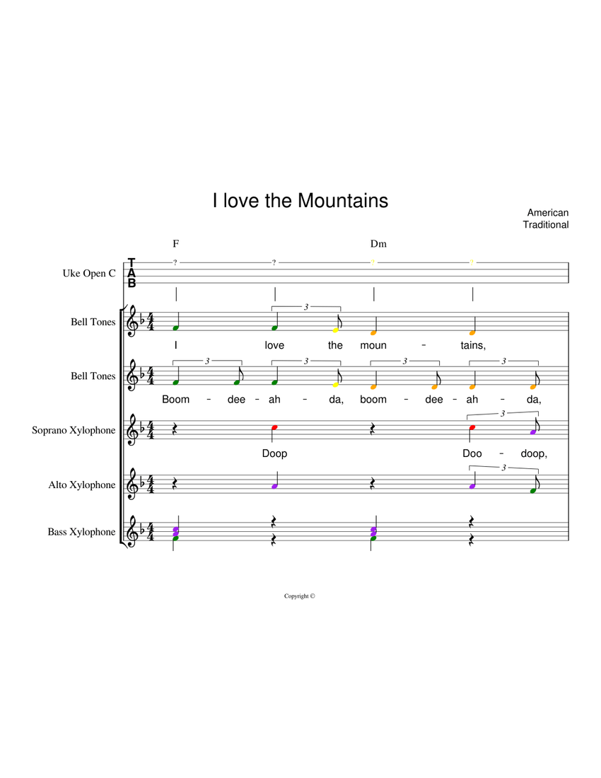 I love the Mountains 楽譜 タブ譜あり コード付き ビブラフォン, シロフォン, ウクレレ (パーカッションカルテット ...