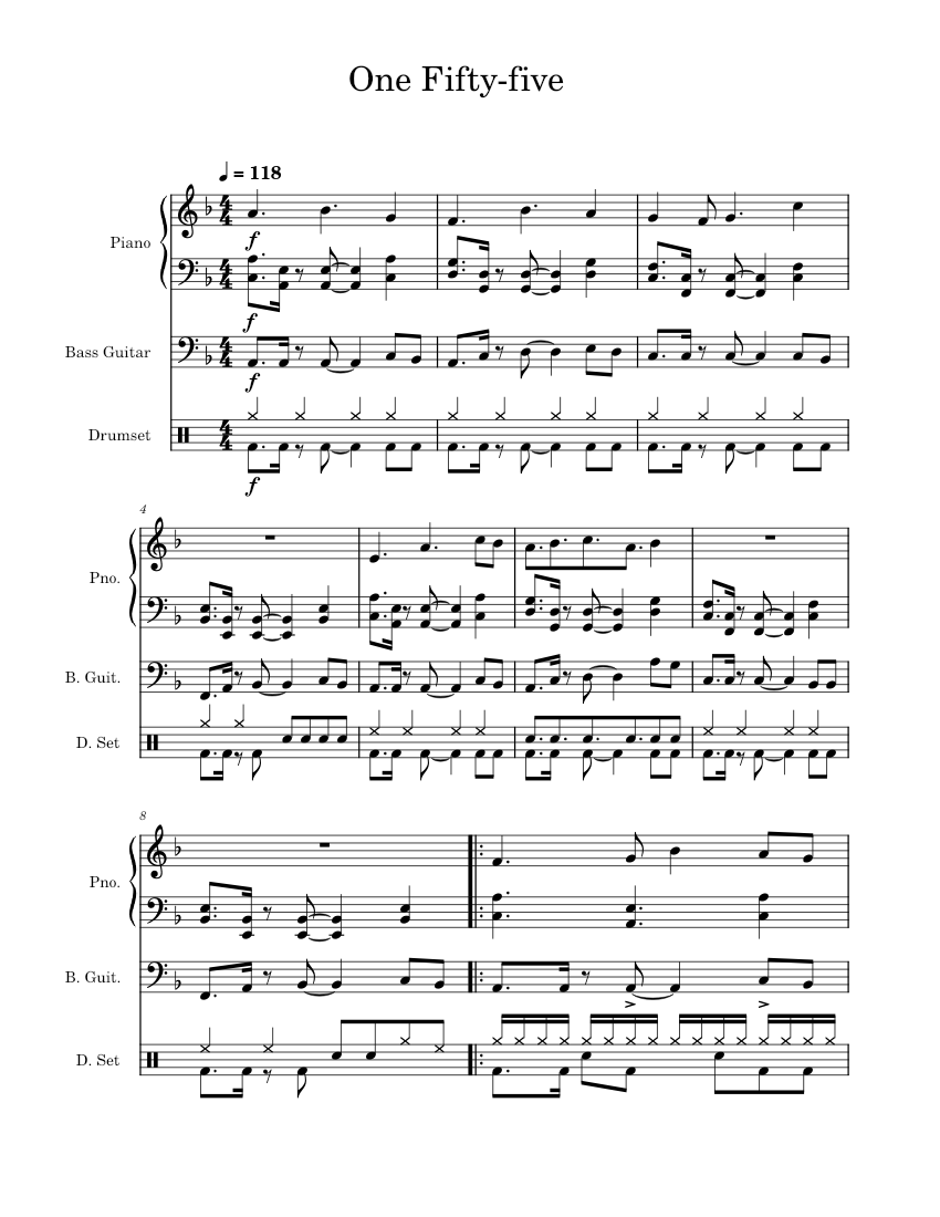 One Fifty-five 楽譜 ピアノ, ベースギター, ドラムグループ (混合トリオ) | MuseScore.com
