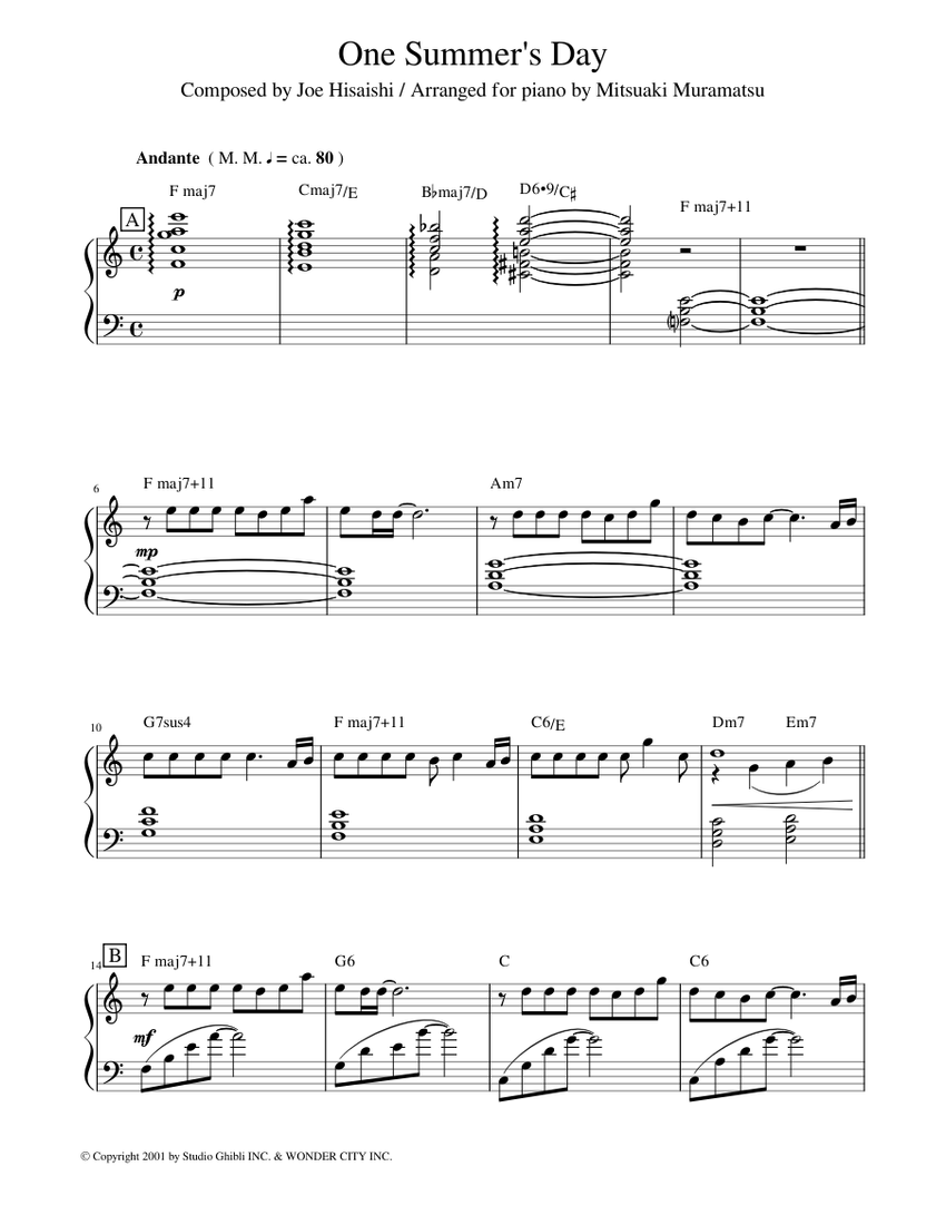 One Summer's Day - Joe Hisaishi 楽譜 コード付き ピアノ (ソロ) | MuseScore.com
