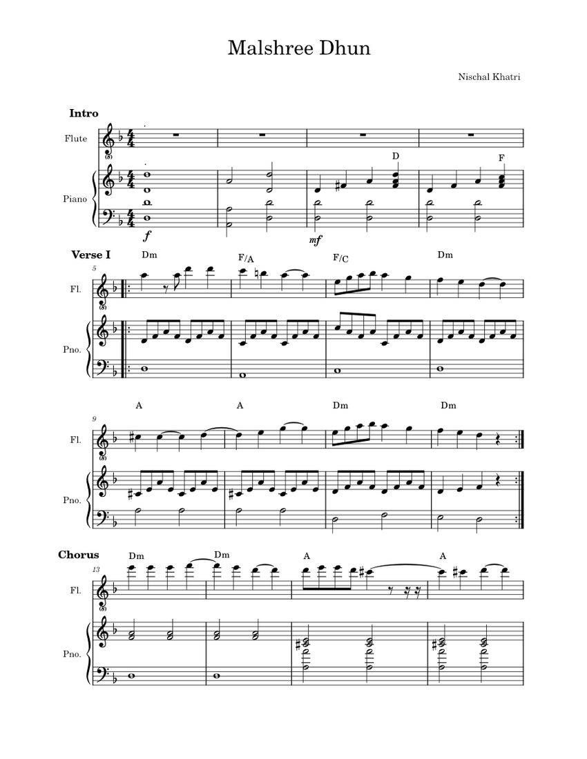 Malshree Dhun Sheet Music with Chords for Piano, Vocals (Piano-Voice ...