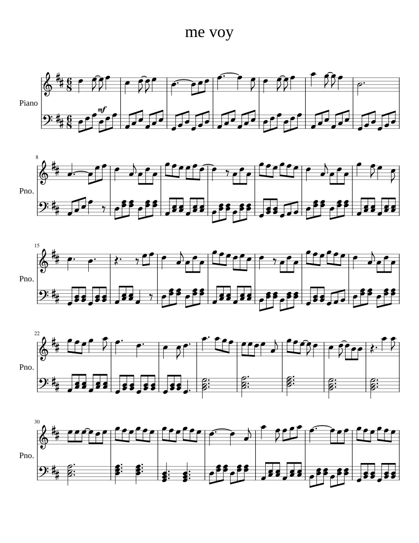 Me Voy Julieta Venegas Piano Sheet Music for Piano (Solo) Easy ...