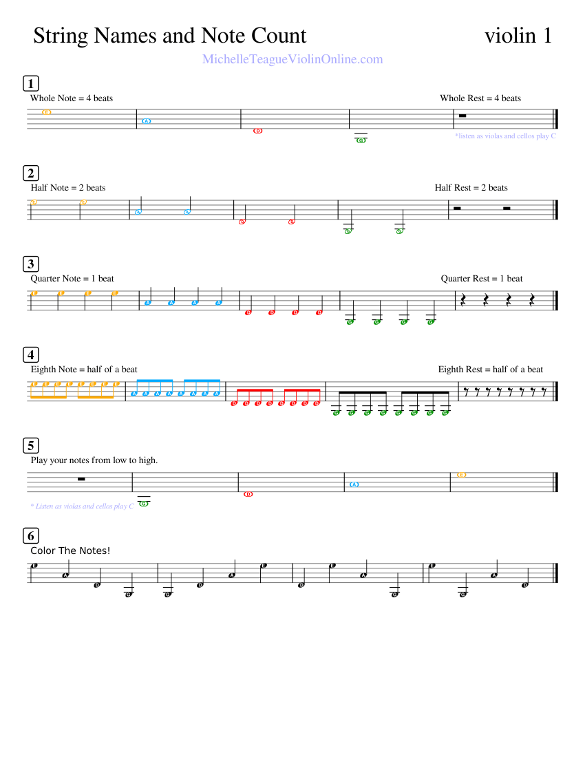 String Names and Count_ My Colorful Note Book_page 1 violin 楽譜 バイオリン ...