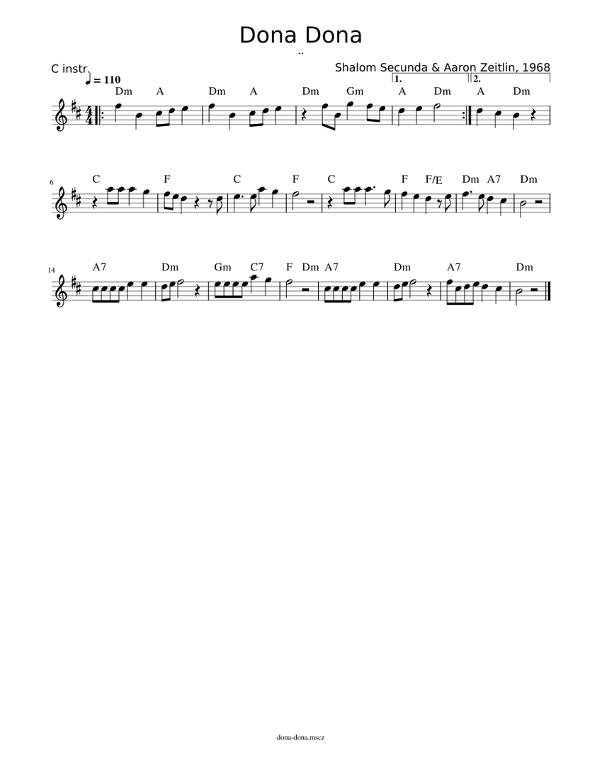 Dona Dona – Sholom Secunda & Aaron Zeitlin 楽譜 コード付き ピアノ (混合アンサンブル) easy ...
