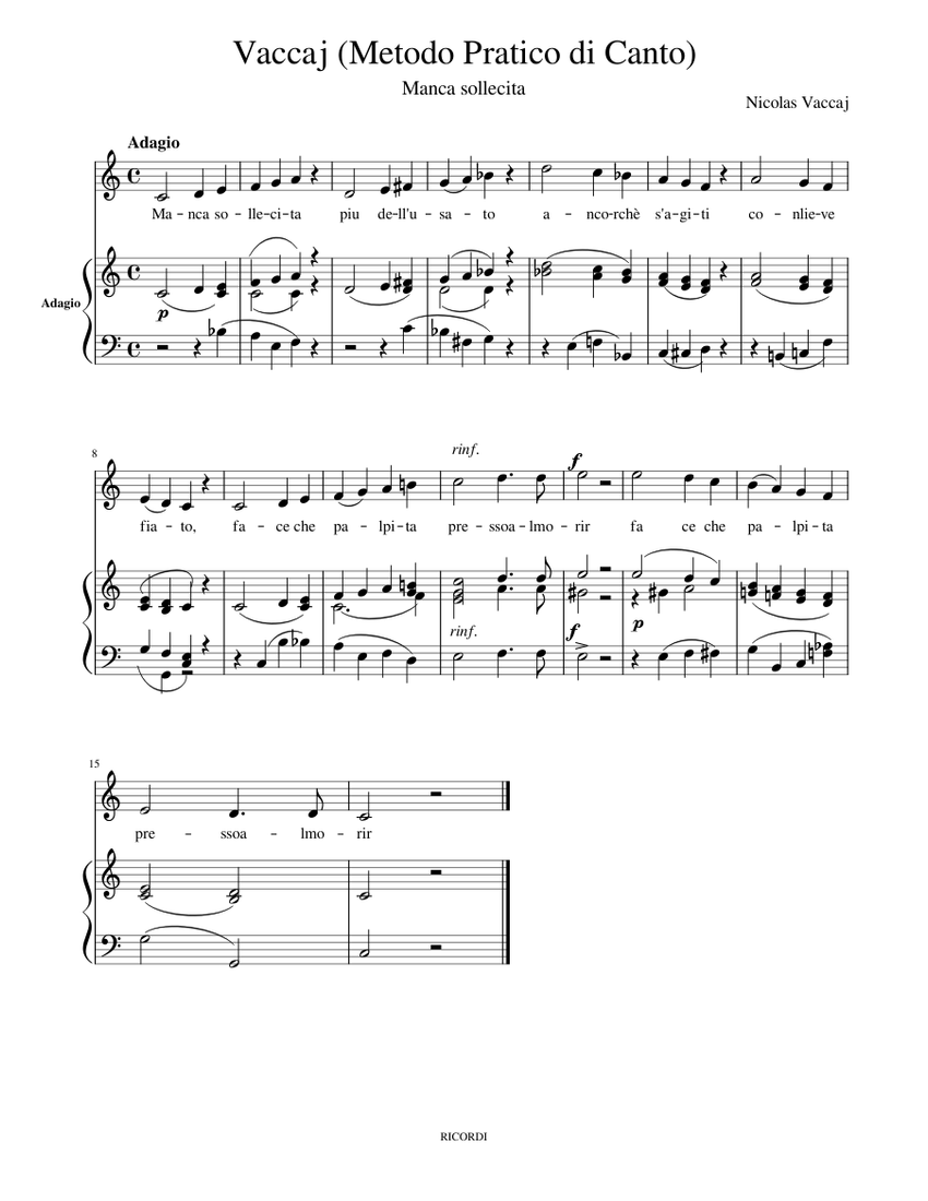 Vaccaj Metodo Pratico di Canto (Manca sollecita) 楽譜 ピアノ, ボーカル (ピアノ-ボーカル ...