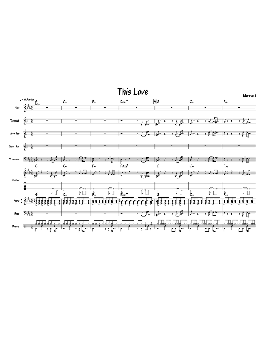 Maroon 5 - This Love Sheet Music and Tab with Chords for Piano ...