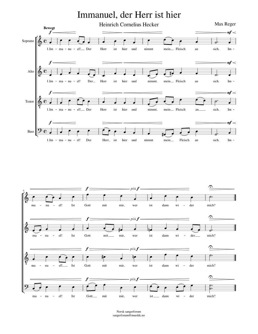 Immanuel! Der Herr ist hier, WoO VI 17, No. 4 – Max Reger 楽譜 ソプラノ, アルト ...