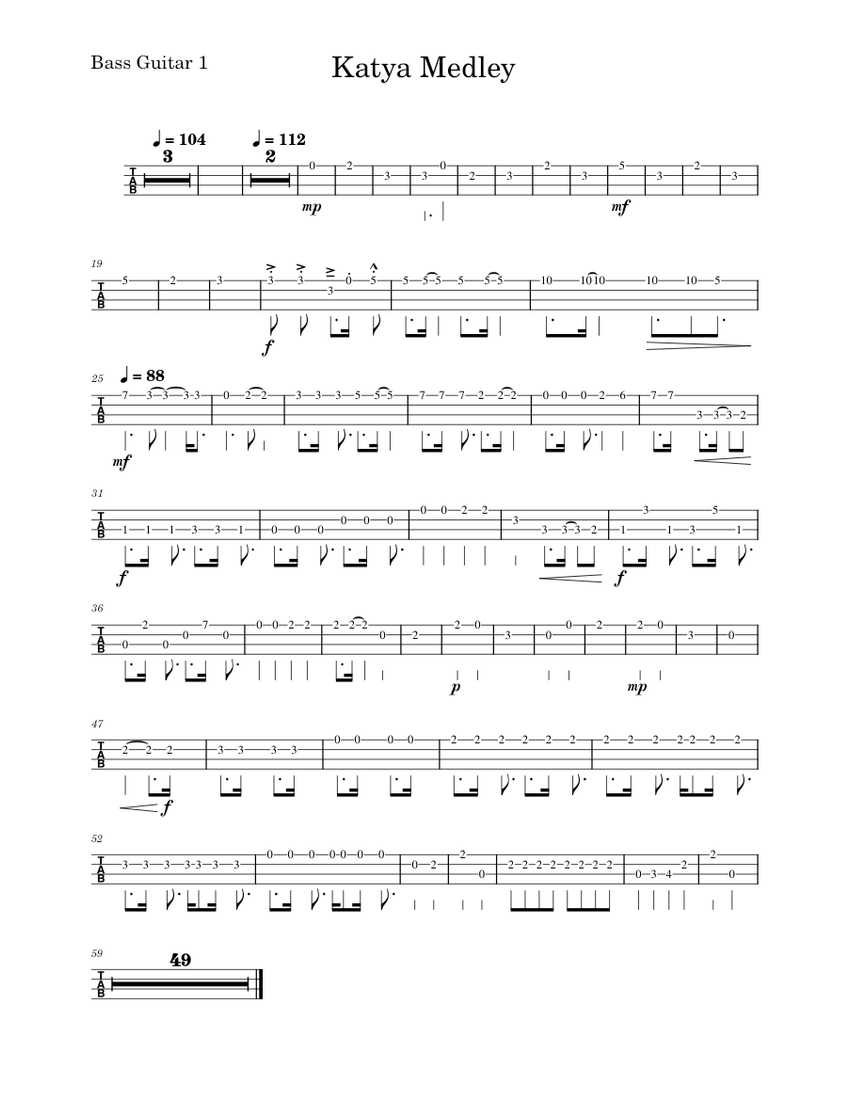Anime Medley – Various Artists Katya Medley-Bass Guitar tab 楽譜 ベースギター ...