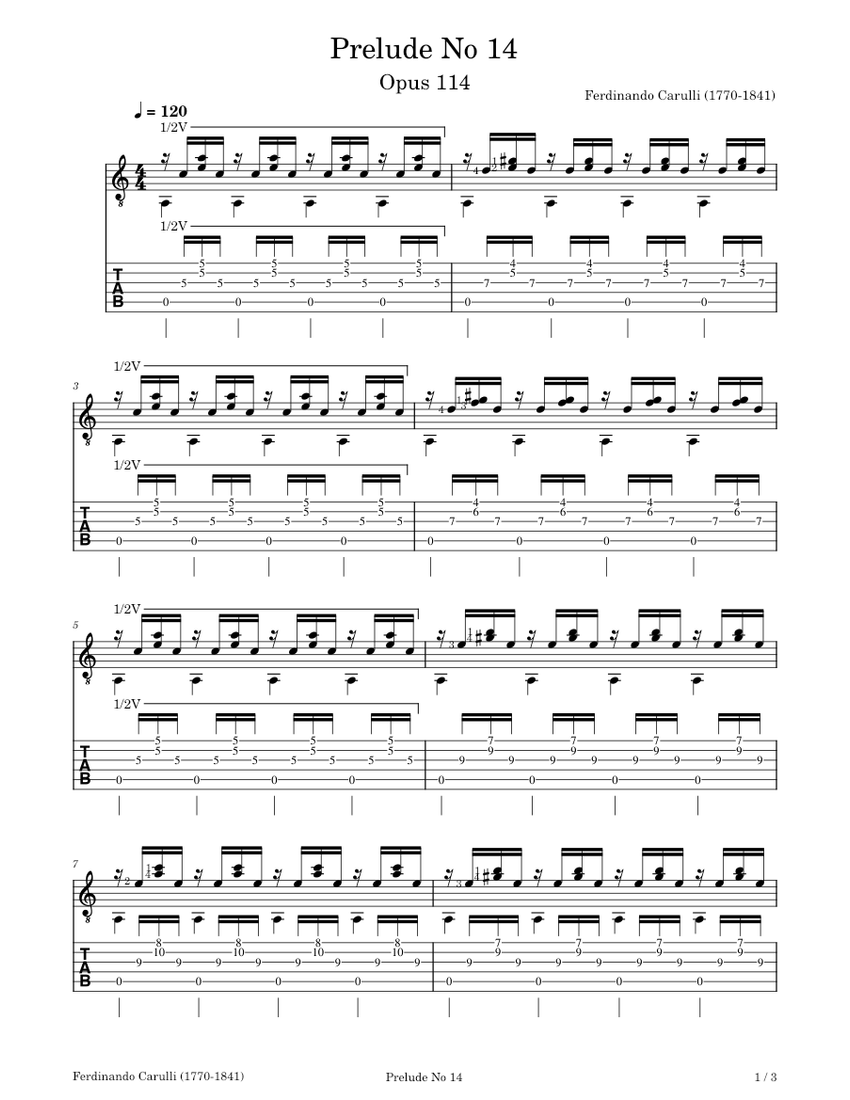 Prelude No 14, Opus 114 – Ferdinando Carulli 楽譜 タブ譜あり ギター (ソロ ...