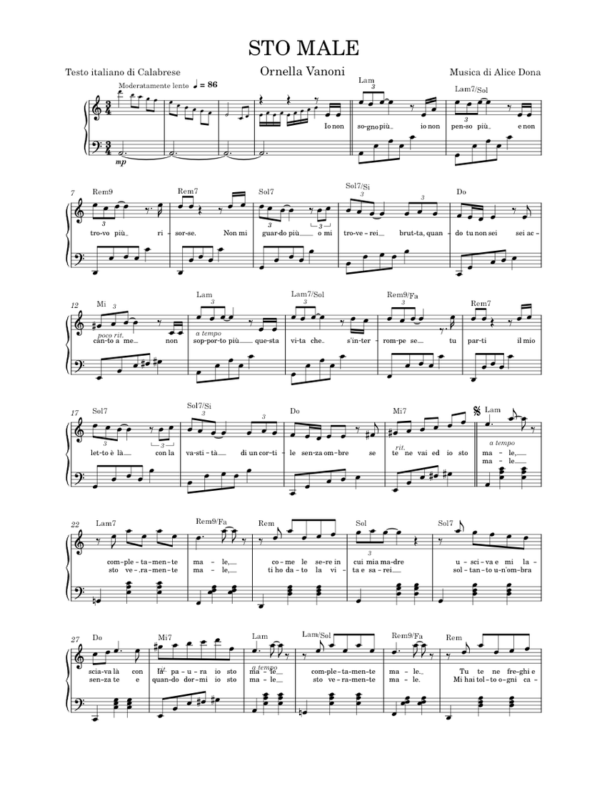 Sto male – Ornella Vanoni 楽譜 コード付き ピアノ (ソロ) easy | MuseScore.com