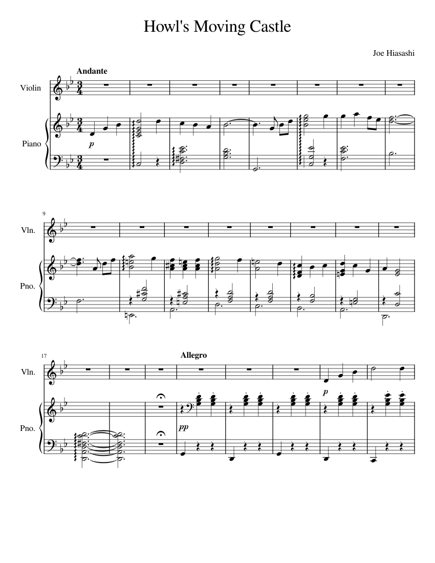 Howl's Moving Castle Violin Duet Sheet Music for Piano, Violin (Solo ...