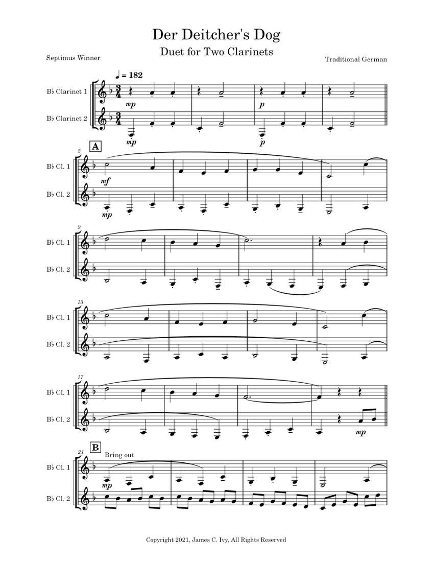 Der Deitcher's Dog – Septimus Winner 楽譜 クラリネット（B♭調） (木管二重奏) | MuseScore.com