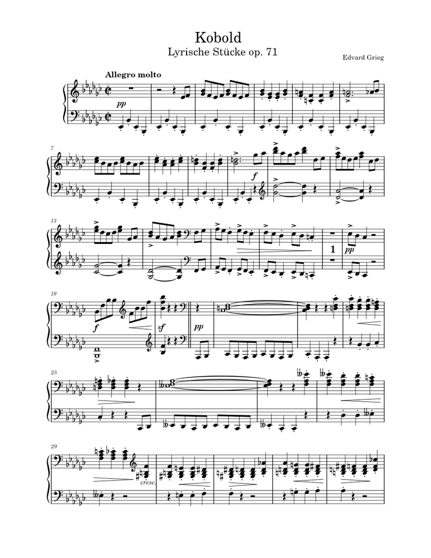 Edvard Grieg - Kobold - Lyrische Stücke op. 71 Sheet Music for Piano ...