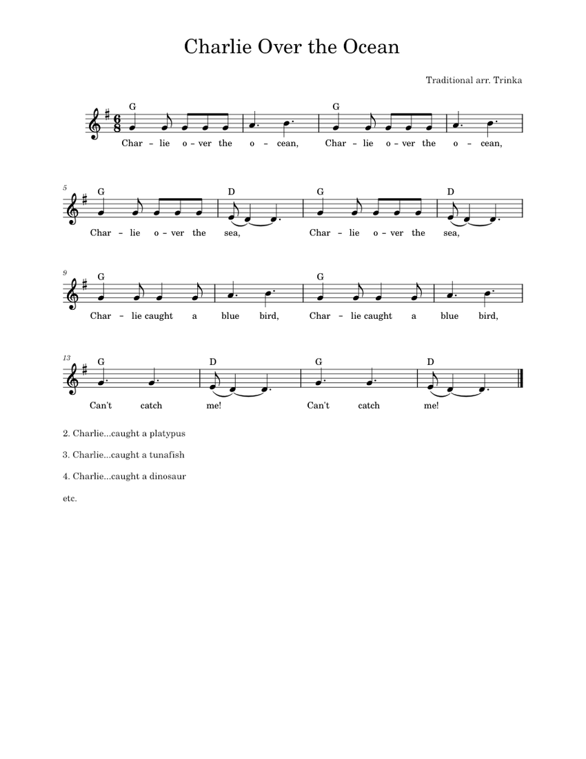 Charlie Over the Ocean – Traditional arr. Trinka 楽譜 ピアノ (ソロ) easy ...